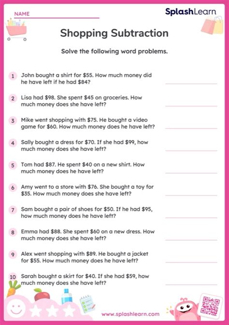 Subtract Within 100 Shopping Word Problems — Printable Math Worksheet