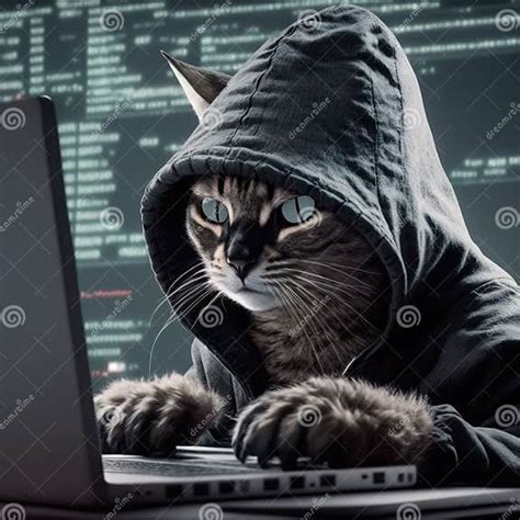 A Hacker Cat Wearing A Hoodie Hacking On A Laptop Created With