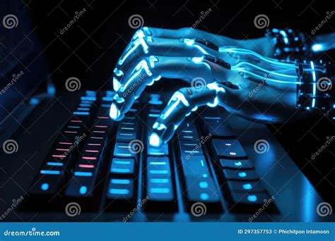 A Hand Of A Robot Typing On A Laptop Chatbot Robotic Futuristic Artificial Intelligence Concept