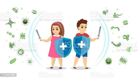 어린이 건강 관리 및 역학 개념 방패를 가진 어린 소년과 소녀는 바이러스와 세균으로부터 보호합니다 어린이 예방 및 보호 감염 어린 시절의 강한 면역력 Eps 삽화 아이에