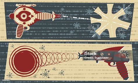 복고풍 Raygun 배너 레이저 총에 대한 스톡 벡터 아트 및 기타 이미지 레이저 총 복고풍 원자 Istock