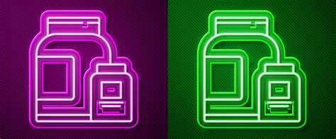 빛나는 네온 라인 스포츠 영양 보디 빌딩 단백질 파워 드 링크와 보라색과 녹색 배경에 고립 된 음식 아이콘 벡터 건강한 생활방식에 대한 스톡 벡터 아트 및 기타 이미지