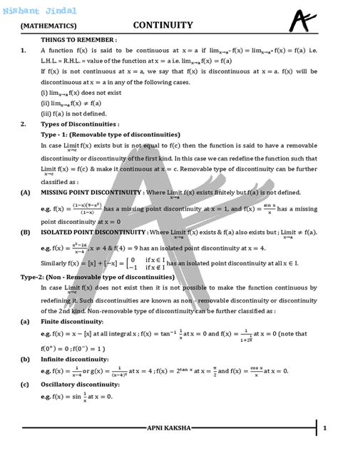 Sheet 01 Continuity Nj 247 Pdf Function Mathematics