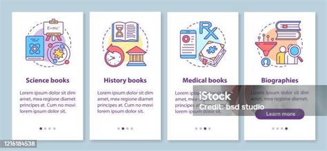 선형 개념으로 모바일 앱 페이지 화면을 온보딩 책 카탈로그 다른 책 장르 연습 단계 그래픽 지침 Ux Ui 그림이 있는 Gui 벡터 템플릿 아이콘에 대한 스톡 벡터 아트 및