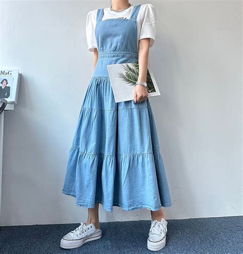 귀여운 청멜빵 캉캉 롱 원피스 캐주얼 데님 청원피스
