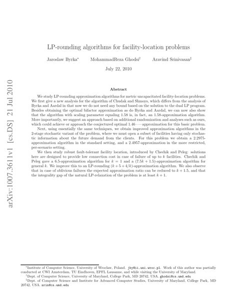 PDF LP Rounding Algorithms For Facility Location Problems
