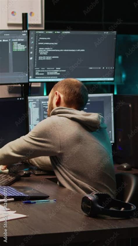 Vertical Video Male App Developer Answering Landline Phone Call Late At Night Talking On