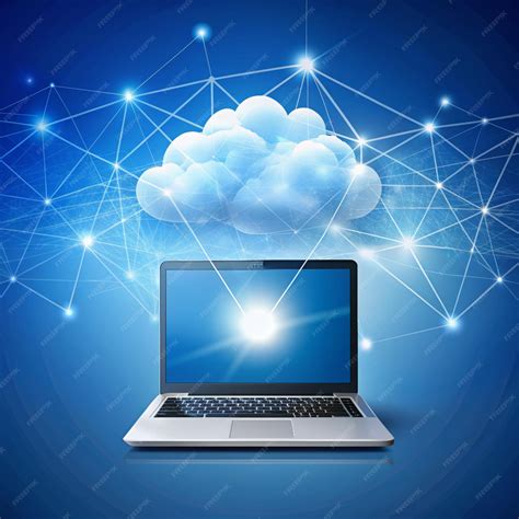 Cloud Computing Laptop Floating With Icon Network Connection On Blue