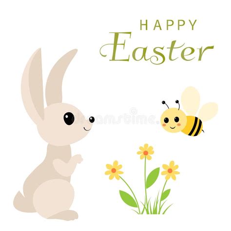 Happy Easter Vector Card Rabbit Flower And Cute Bee Spring Card