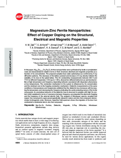 Pdf Magnesium Zinc Ferrite Nanoparticles Effect Of Copper Doping On The Structural