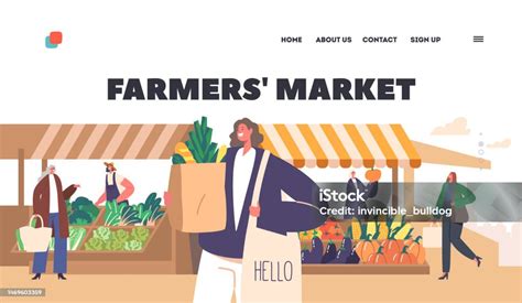 파머스 마켓 랜딩 페이지 템플릿입니다 신선한 식품 야채 녹지 상품으로 포장 마차를 탐색하는 캐릭터 시장 소매점에 대한 스톡 벡터 아트 및 기타 이미지 Istock