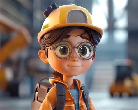 Animated Young Engineer In Safety Gear With Glasses Hard Hat And Backpack In Modern Industrial