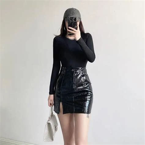 Badu Bg Pu секси тънки мини поли с цепки за жени Есен Зима Крокодилска шарка Кожени поли с