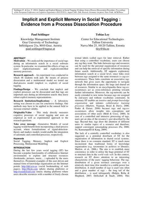 Pdf Implicit And Explicit Memory In Social Tagging Evidence From A Process Dissociation Procedure