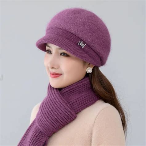 신규 신상 겨울 여성 여자 토끼 털 모자 스카프 세트 따뜻한 양모 니트 2pcs 크로 셰 뜨개질 보닛 엄마 티몬