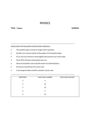 Test Physics Motion Suvat Teaching Resources