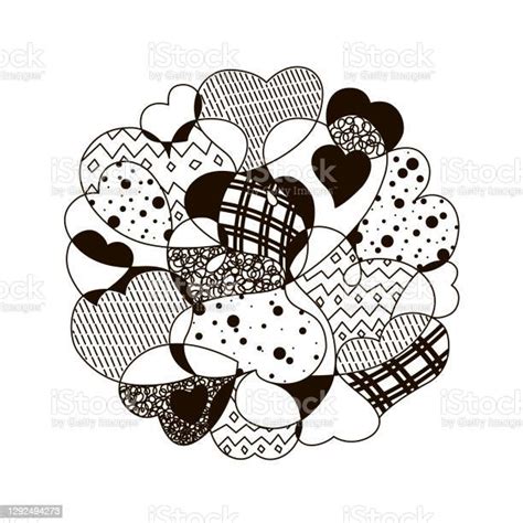원 흑백 낙서 착색 안티 스트레스 벡터 일러스트레이션 엽서 배경의 형태로 얽힌 하트 2월에 대한 스톡 벡터 아트 및 기타 이미지