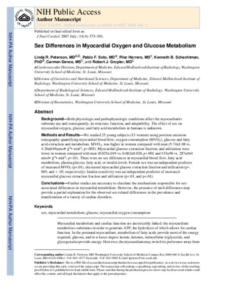 Pdf Sex Differences In Myocardial Oxygen And Glucose Metabolism