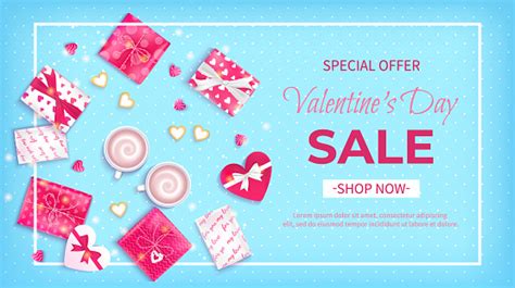 특별 제공 발렌타인 데이 세일 할인 전단지 큰 계절 세일 분홍색과 흰색 포장지에 하트가있는 휴일 선물 상자가있는 수평 웹 배너 롤리팝 쿠키 커피 한 잔 14에 대한 스톡
