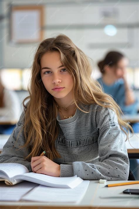 Premium Photo Teen Girl Writing Exam In The Classroom Ai Generated