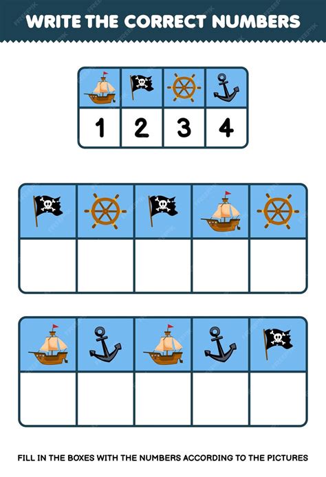 아이들을 위한 교육 게임은 테이블 인쇄 가능한 해적 워크시트에 있는 귀여운 배 깃발 휠 앵커에 따라 상자에 올바른 숫자를 씁니다 프리미엄 벡터