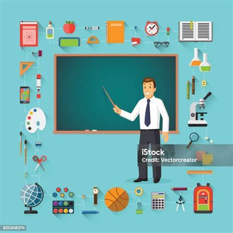 학교 돌아가기 교육 아이콘으로 학교 칠판 앞에 서 있는 포인터와 교사 학교 공급교과서 문구 교육 교재 책 가방 등 벡터 일러스트 레이 션 교사 교육 관련 직업에 대한 스톡