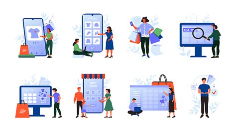 온라인 상점 인터넷 상거래 상점 판매 디지털 쇼핑 세트 소비자 페이지 전자 상거래 앱 계산대 착륙 사람들은 옷을 산다 모바일 응용 프로그램 벡터 괜찮은 그림 가방에 대한