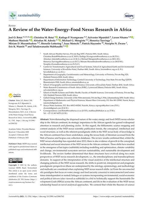Pdf A Review Of The Water Energy Food Nexus Research In Africa