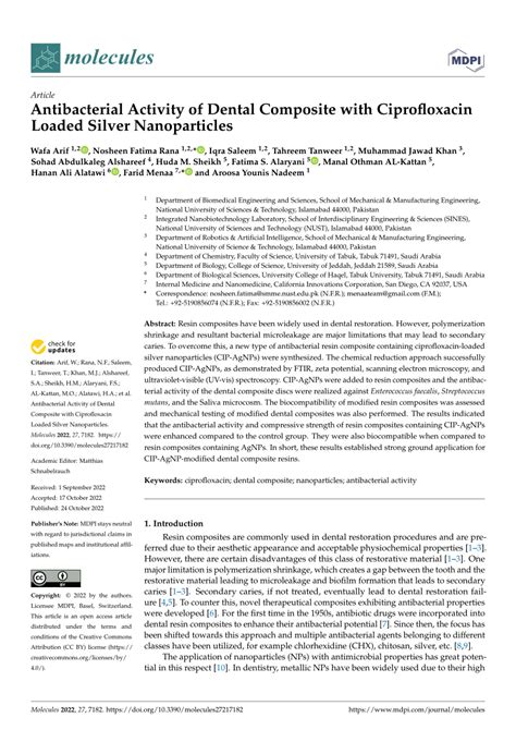 Pdf Antibacterial Activity Of Dental Composite With Ciprofloxacin Loaded Silver Nanoparticles