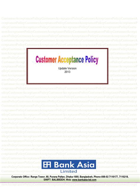 Customer Acceptance Policy Bank Asia Pdf Identity Document Finance And Money Management