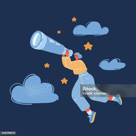 거대한 관광객 쌍안경을 들고 멀리 앞을 내다보는 여성의 만화 벡터 일러스트레이션 망원경에 대한 스톡 벡터 아트 및 기타 이미지