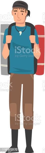 배낭과 매트 여름 여행 캠핑 배낭 여행 또는 탐험 벡터 일러스트와 함께 서 있는 남성 관광객 가방에 대한 스톡 벡터 아트 및 기타 이미지 Istock
