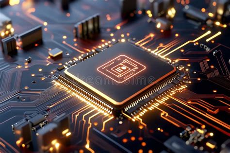 Close Up Of A Glowing Microchip On A Circuit Board Representing Advanced Technology And Modern