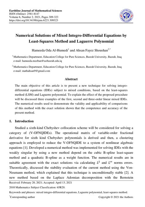 Pdf Numerical Solutions Of Mixed Integro Differential Equations By Least Squares Method And