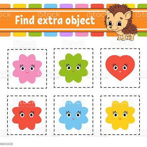 추가 개체를 찾습니다 어린이와 유아를위한 교육 활동 워크 시트 어린이를위한 게임 행복한 캐릭터 귀여운 만화 스타일의 간단한 평면