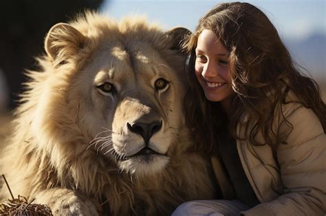 Beautiful Young Woman With Long Curly Hair And Big Lion In Forest Premium Ai Generated Image