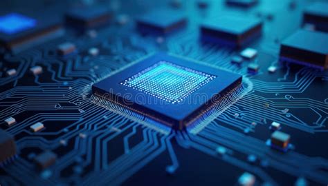 Closeup View Of Complex Blue Computer Chip On Circuit Board Chip Detailed Pattern Of Glowing