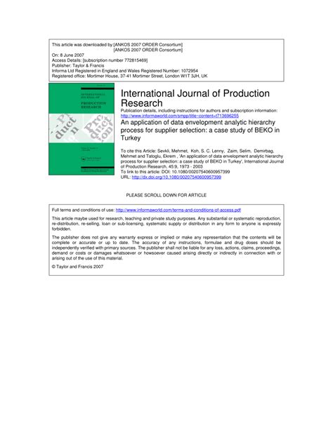 Pdf An Application Of Data Envelopment Analytic Hierarchy Process For Supplier Selection A