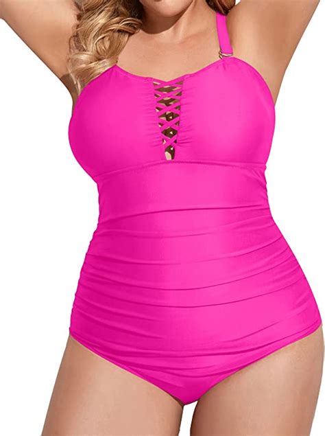 Women Plus Size One Piece Swimsuits Deep V Neck Tummy Control Wf Shopping