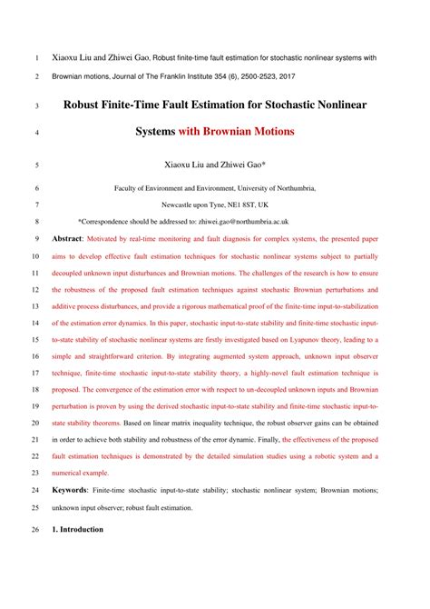 Pdf Robust Finite Time Fault Estimation For Stochastic Nonlinear Systems With Brownian Motions