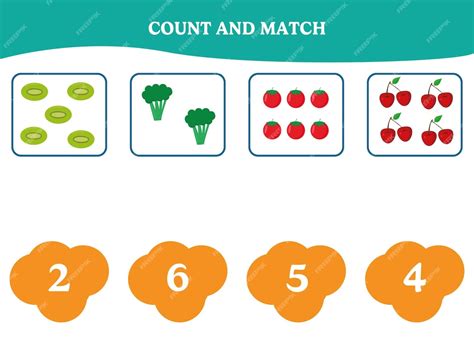 숫자를 세고 짝을 맞추는 어린이를 위한 교육용 수학 게임 미취학 아동을 위한 인쇄 가능한 워크시트 디자인 프리미엄 벡터