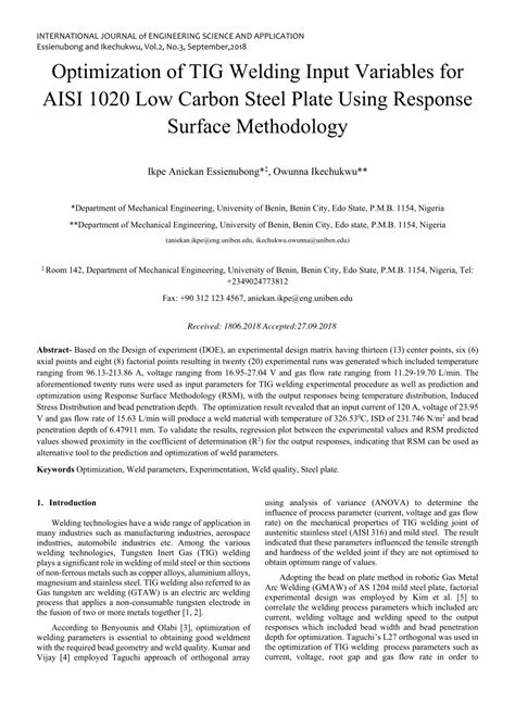 Pdf Optimization Of Tig Welding Input Variables For Aisi 1020 Low Carbon Steel Plate Using