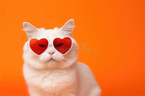 Portrait White Cat With Heart Shaped Sunglasses Orange Background Stock