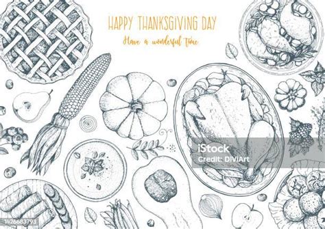 추수 감사절 일상보기 벡터 일러스트레이션 음식 손으로 그린 스케치 칠면조와 감자 옥수수 구운 야채 딸기가있는 축제 저녁 식사 가을 음식 스케치 새겨진 이미지 가을에 대한
