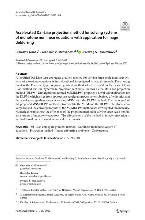 Pdf Accelerated Dai Liao Projection Method For Solving Systems Of