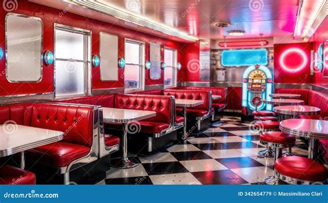 Classic American Diner Interior With Red Booths And Jukebox Stock