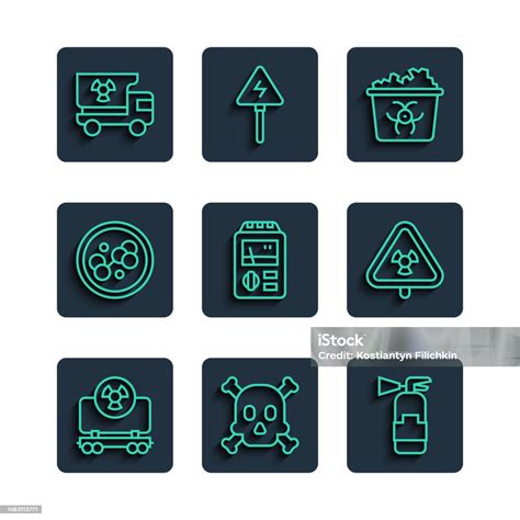 라인 방사능 화물 열차 뼈 및 두개골 경고 소화기 감염성 폐기물 선량계 분자 방사선 물질이 있는 트럭 및 삼각형 아이콘을 설정합니다 벡터 가이거 계수관에 대한 스톡 벡터