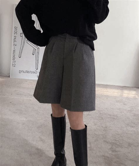 울 소재도톰 베이직 핀턱 와이드 모직 5부 겨울 반바지 버뮤다팬츠 숏 팬츠3color 에이블리