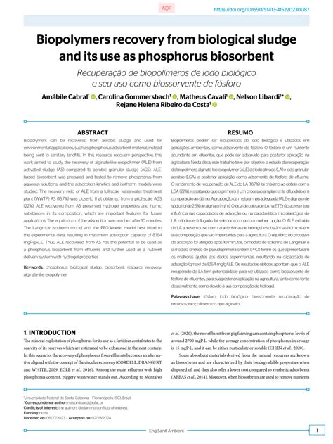 Pdf Biopolymers Recovery From Biological Sludge And Its Use As Phosphorus Biosorbent