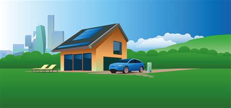 배출가스 가 없는 미래의 패시브 하우스 태양전지 패널의 재생 가능 에너지 미래지향적인 지속 가능한 집의 일러스트 가정용 정원 주차장에서 충전하는 전기 자동차 도시에 대한